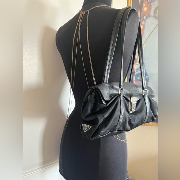 Prada | Bags | Prada Push Lock Bag Purse Shoulder Tote Black Leather Top And Canvas Bottom ...